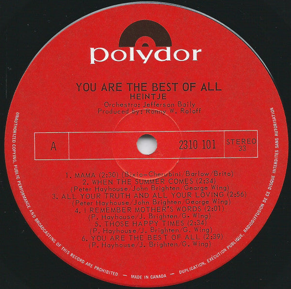 Heintje - You Are The Best Of All (LP) - Funky Moose Records